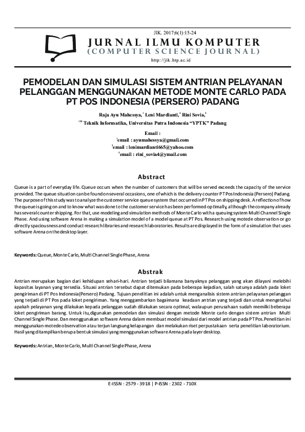(PDF) PEMODELAN DAN SIMULASI SISTEM ANTRIAN PELAYANAN PELANGGAN MENGGUNAKAN METODE MONTE CARLO ...