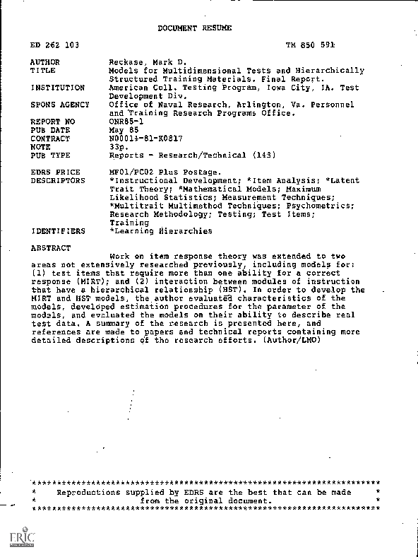 (PDF) Models for Multidimensional Tests and Hierarchically Structured ...