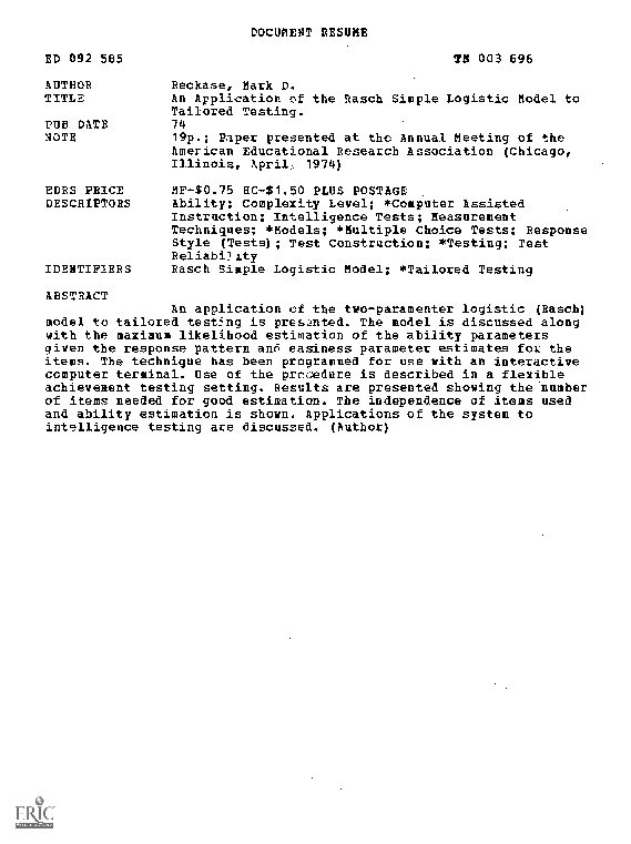 Pdf An Application Of The Rasch Simple Logistic Model To Tailored Testing Mark Reckase