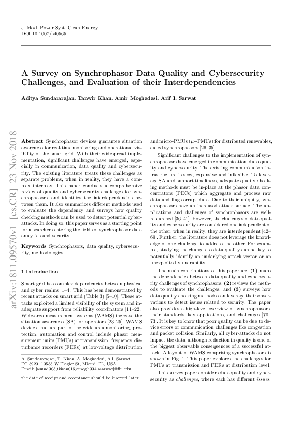 (PDF) Survey on synchrophasor data quality and cybersecurity challenges, and evaluation of their ...