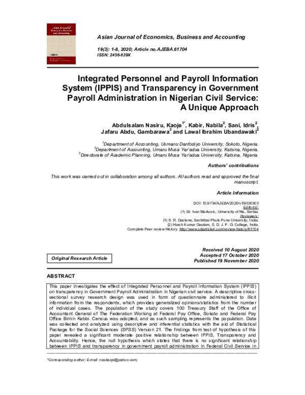(PDF) Integrated Personnel and Payroll Information System (IPPIS) and ...