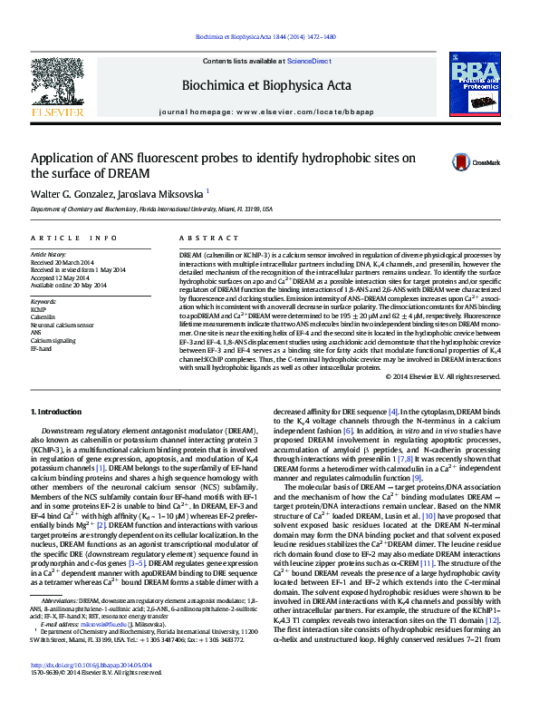 (PDF) Application of ANS fluorescent probes to identify hydrophobic ...