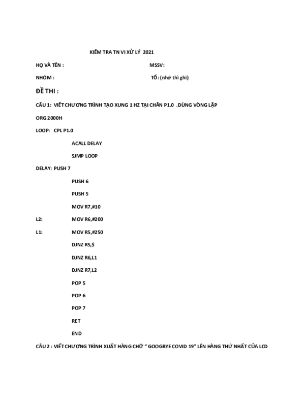 (DOC) ĐỀ KTRA THÍ NGHIỆM VXL