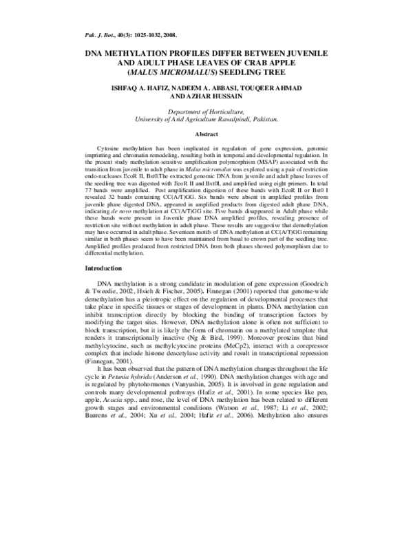 (PDF) Dna Methylation Profiles Differ Between Juvenile and Adult Phase ...