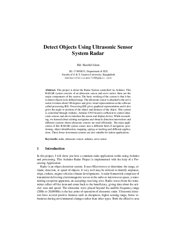 (PDF) Detecting Objects Using Ultrasonic Sensor System Radar (PDF) Detecting Objects Using Ultrasonic Sensor System Radar