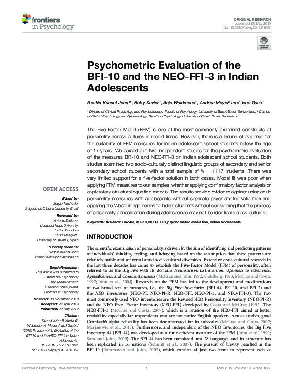 (PDF) Psychometric Evaluation of the BFI-10 and the NEO-FFI-3 in Indian ...
