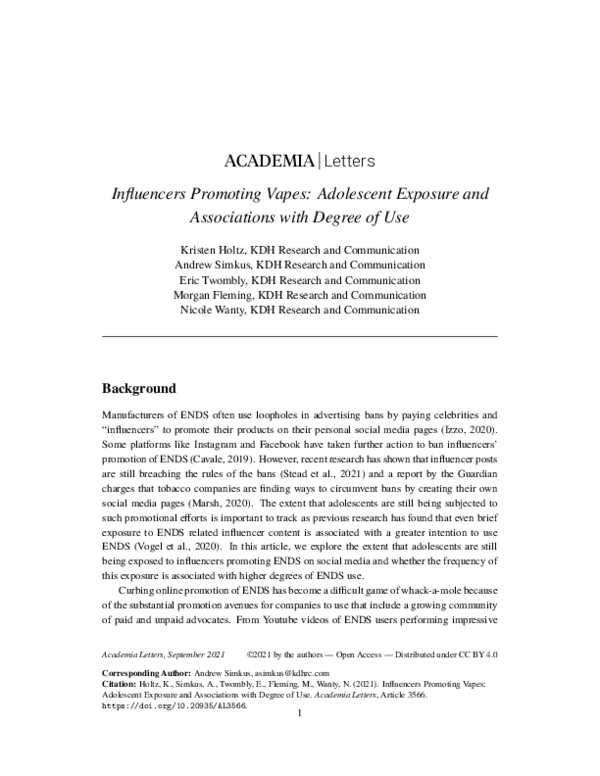 (PDF) Influencers Promoting Vapes: Adolescent Exposure and Associations ...