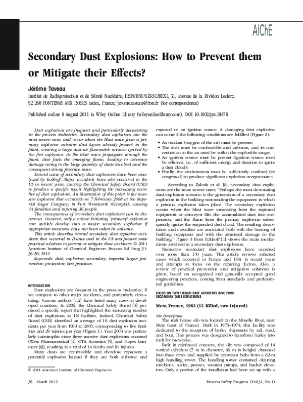 (PDF) Secondary dust explosions: How to prevent them or mitigate their ...