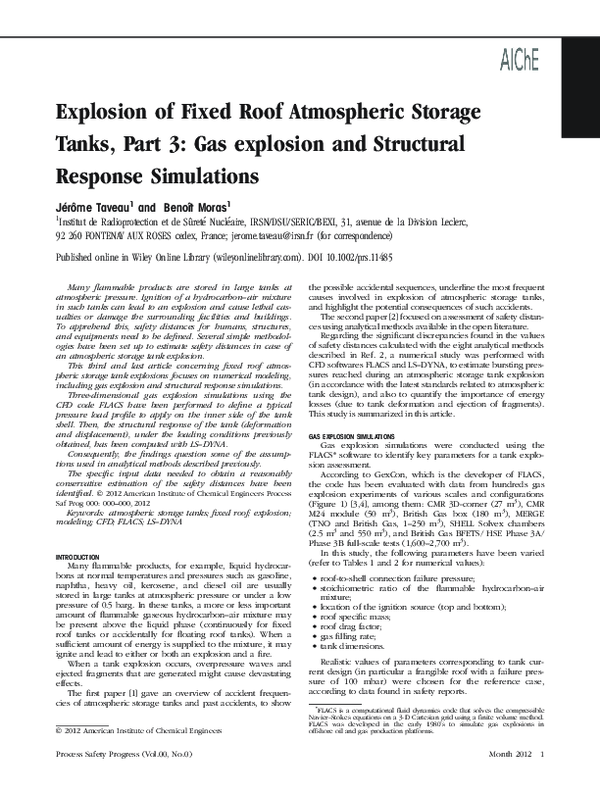 (PDF) Explosion of fixed roof atmospheric storage tanks, part 3: Gas ...