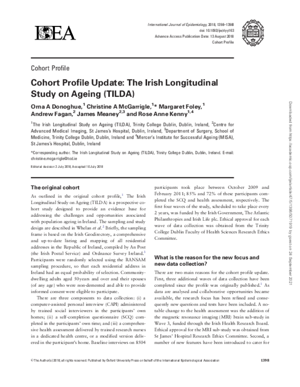 (PDF) Cohort Profile Update: The Irish Longitudinal Study on Ageing (TILDA)