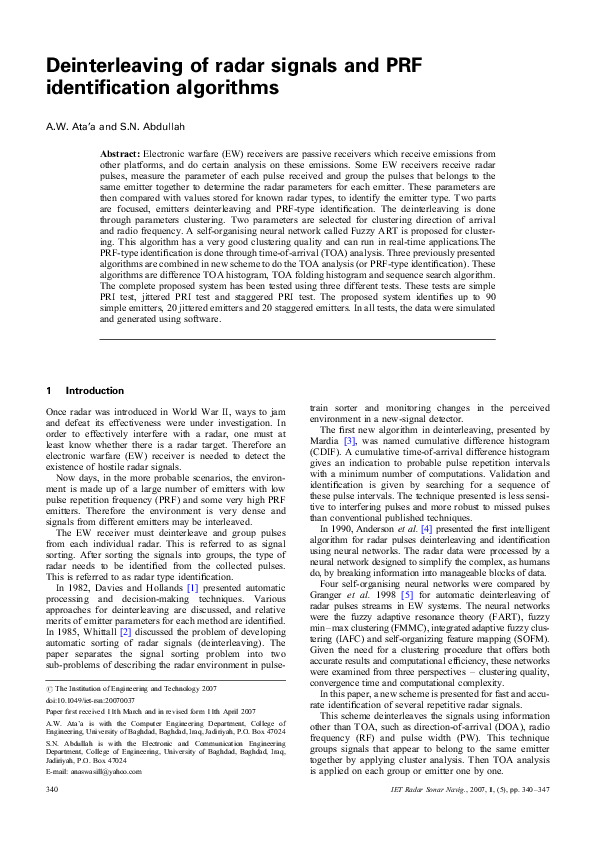 (PDF) Deinterleaving of radar signals and PRF identification algorithms