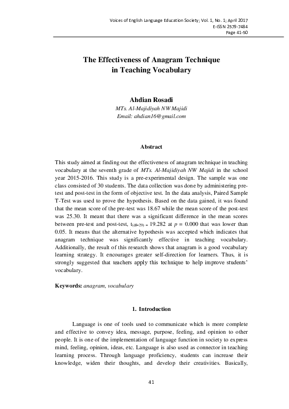 (PDF) The Effectiveness of Anagram Technique in Teaching Vocabulary