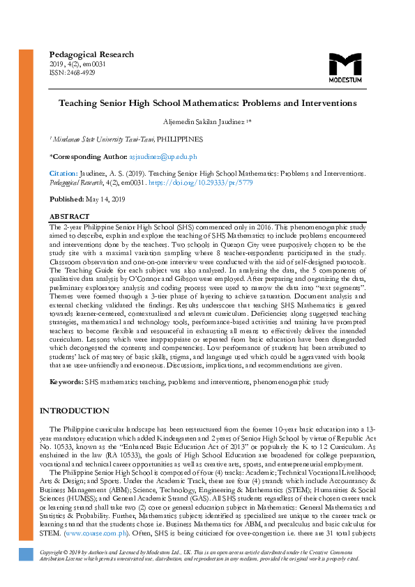 (PDF) Teaching Senior High School Mathematics: Problems and Interventions