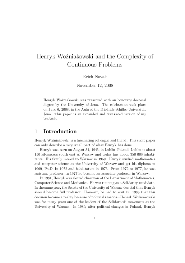 (PDF) Henryk Woźniakowski and the complexity of continuous problems | Erich Novak - Academia.edu