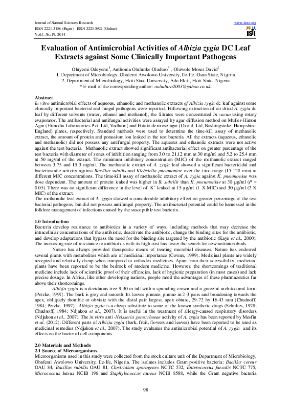 (PDF) Evaluation of Antimicrobial Activities of Albizia zygia DC Leaf Extracts against Some ...