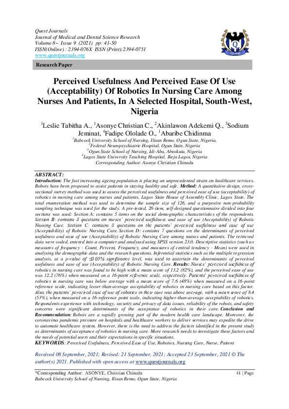 (PDF) Perceived Usefulness And Perceived Ease Of Use (Acceptability) Of Robotics In Nursing Care ...