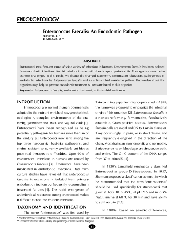 (PDF) Enterococcus Faecalis: An Endodontic Pathogen | suchitra shenoy - Academia.edu