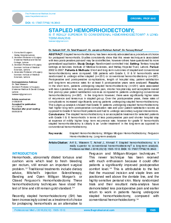 (PDF) Stapled Hemorrhoidectomy; is It Really Superior to Conventional ...