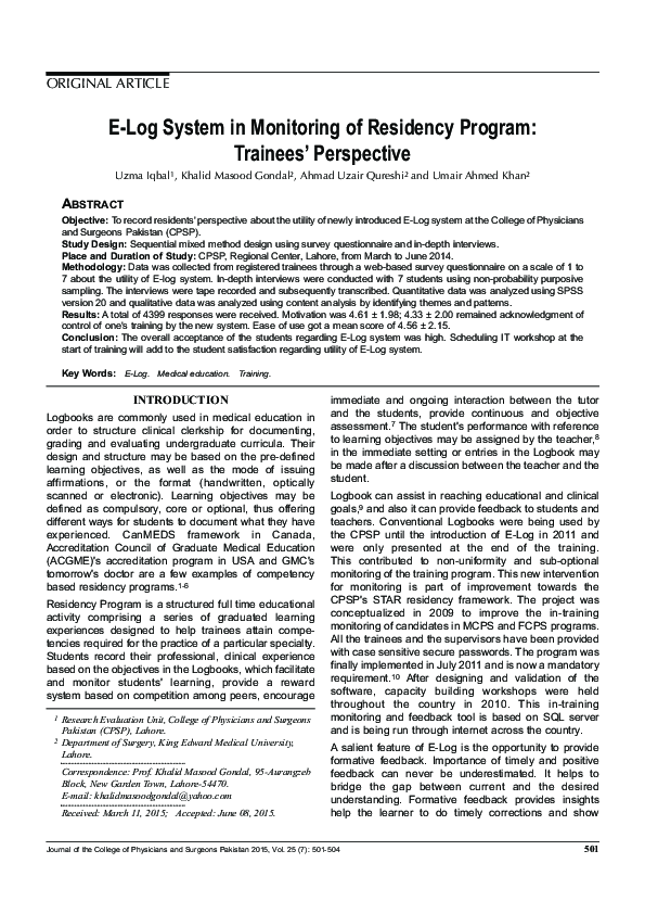 (PDF) E-Log System in Monitoring of Residency Program: Trainees ...