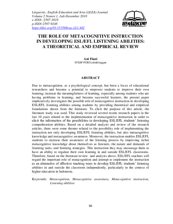 Pdf The Role Of Metacognitive Instruction In Developing Esl Efl Listening Abilities A
