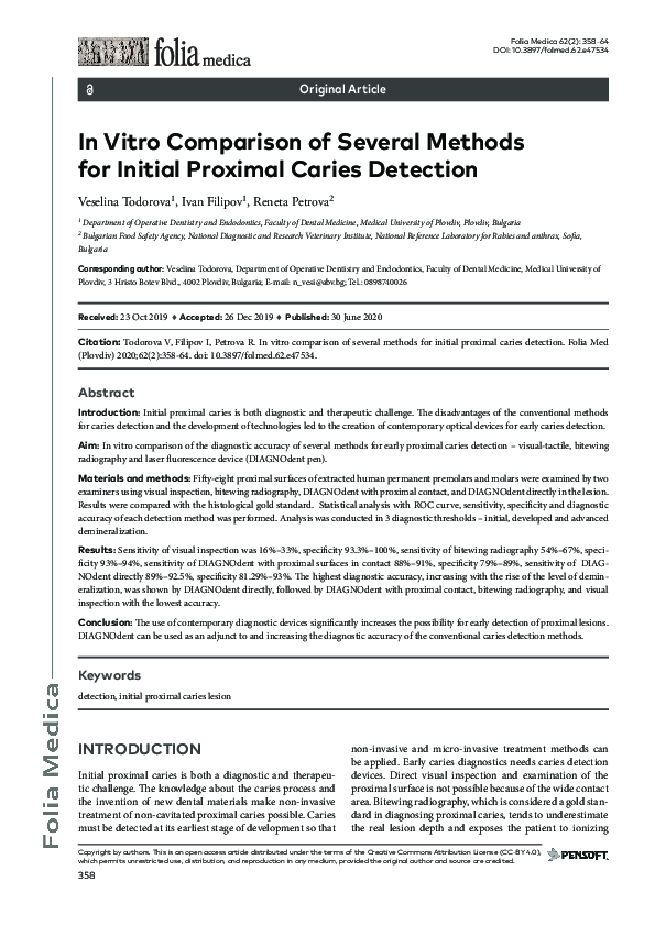 Pdf In Vitro Comparison Of Several Methods For Initial Proximal Caries Detection