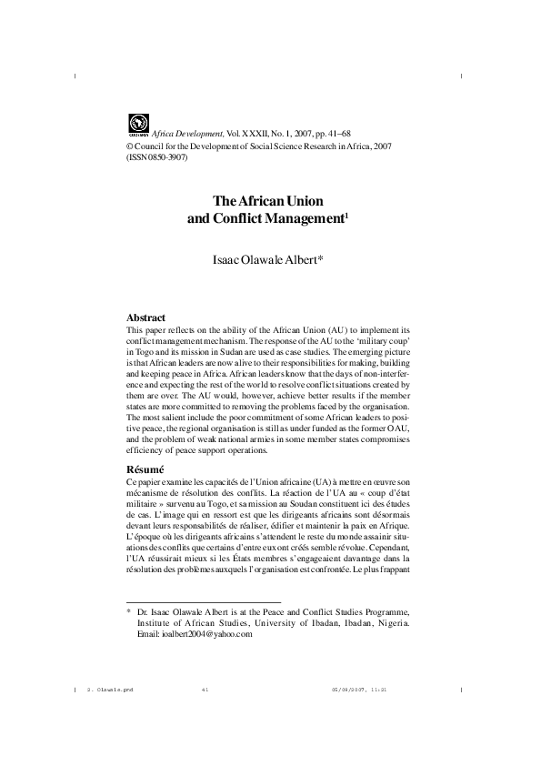 (PDF) The African Union and Conflict Management