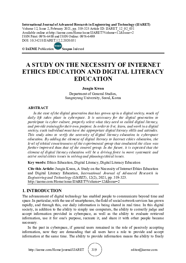(PDF) A STUDY ON THE NECESSITY OF INTERNET ETHICS EDUCATION AND DIGITAL ...
