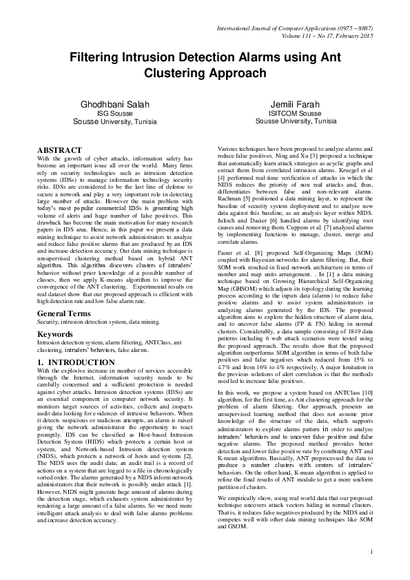 Pdf Filtering Intrusion Detection Alarms Using Ant Clustering Approach Farah Jemili