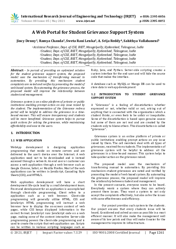 (PDF) IRJET- A Web Portal for Student Grievance Support System