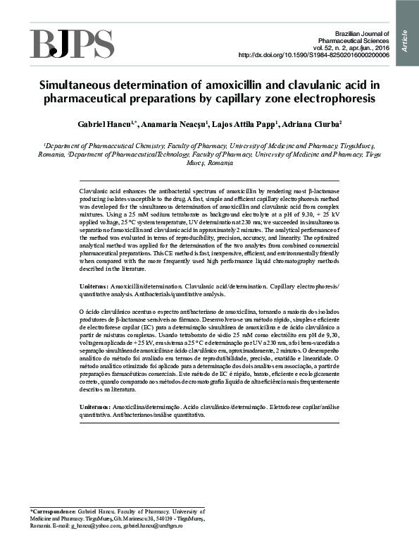 (PDF) Simultaneous determination of amoxicillin and clavulanic acid in the human plasma by high ...