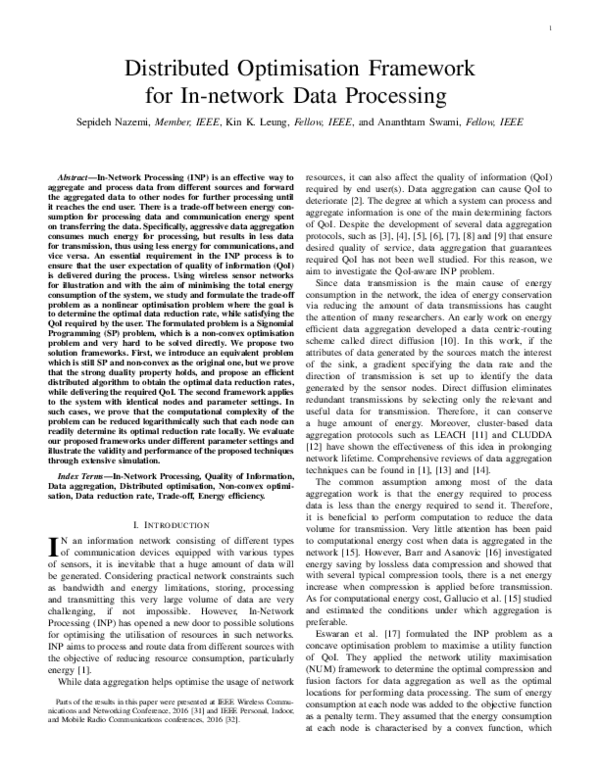 Pdf Distributed Optimization Framework For In Network Data Processing