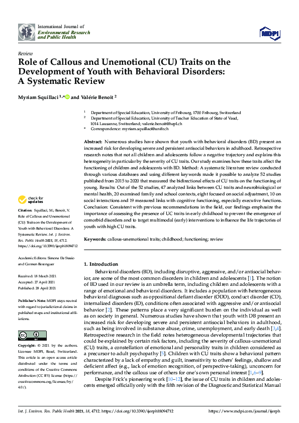 (PDF) Role of Callous and Unemotional (CU) Traits on the Development of ...