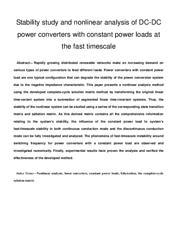 (PDF) Stability Study and Nonlinear Analysis of DC-DC Power Converters with Constant Power Loads ...