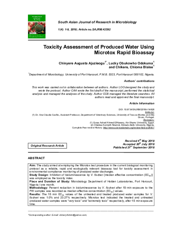 (PDF) Toxicity Assessment of Produced Water Using Microtox Rapid Bioassay