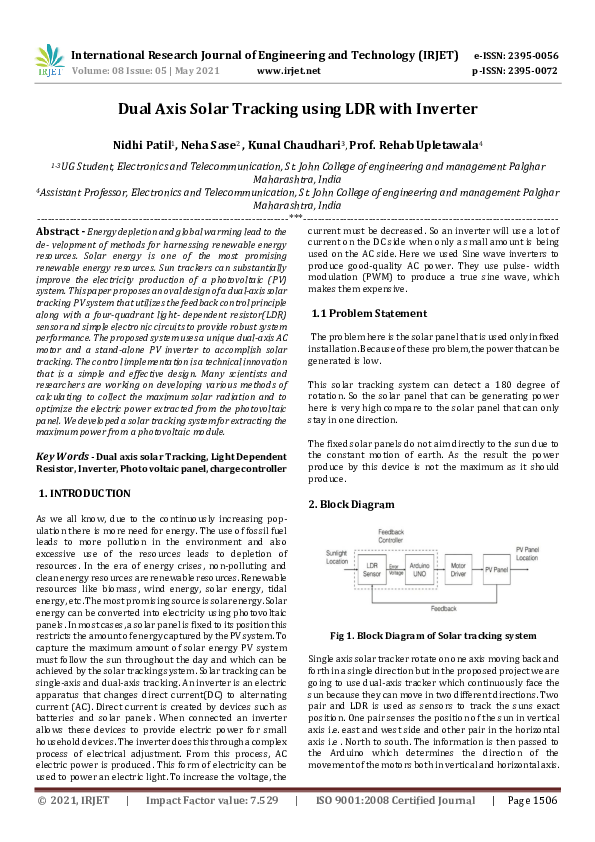 (PDF) IRJET- Dual Axis Solar Tracking using LDR with Inverter