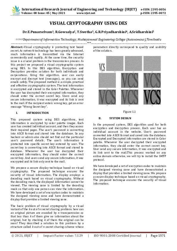 (PDF) IRJET- VISUAL CRYPTOGRAPHY USING DES
