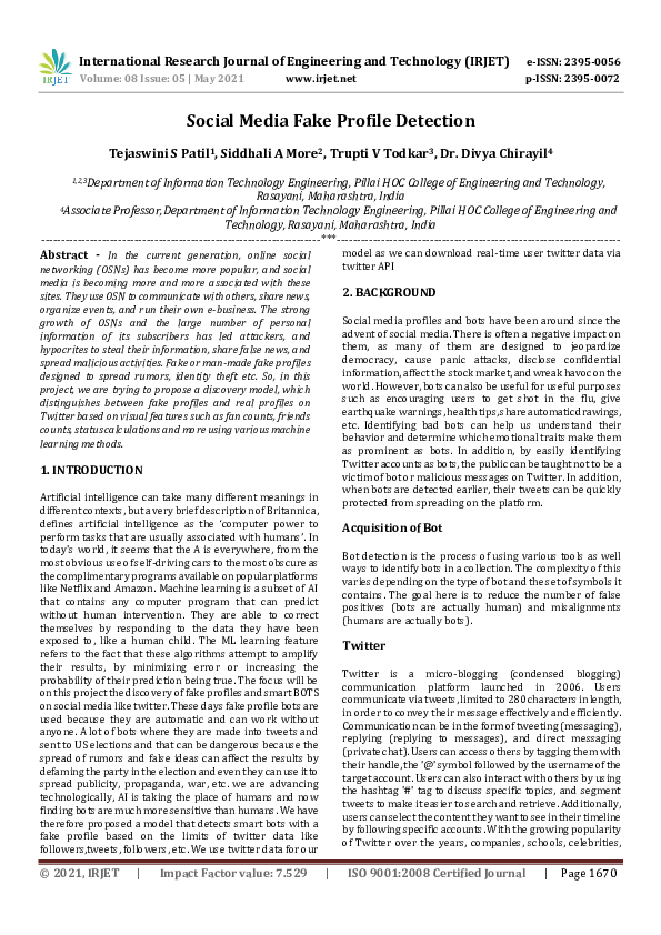 (PDF) IRJET- Social Media Fake Profile Detection