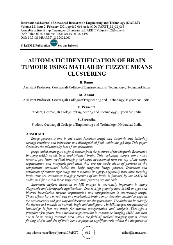 (PDF) AUTOMATIC IDENTIFICATION OF BRAIN TUMOUR USING MATLAB BY FUZZY C MEANS CLUSTERING