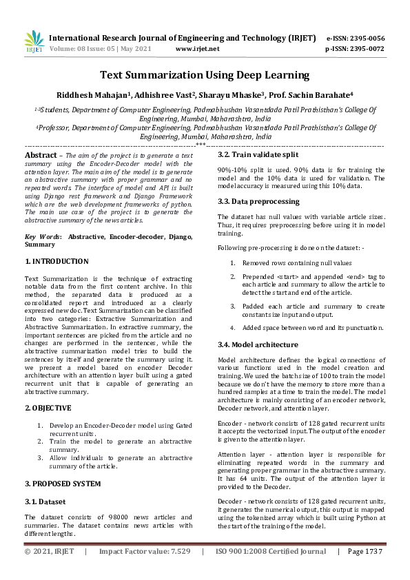 Pdf Irjet Text Summarization Using Deep Learning