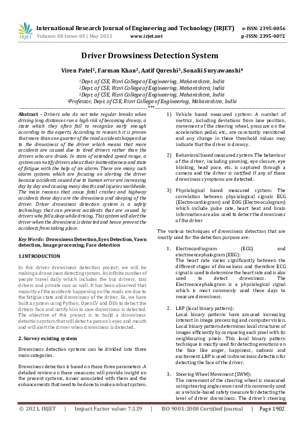 (PDF) IRJET- Driver Drowsiness Detection System (PDF) IRJET- Driver Drowsiness Detection System