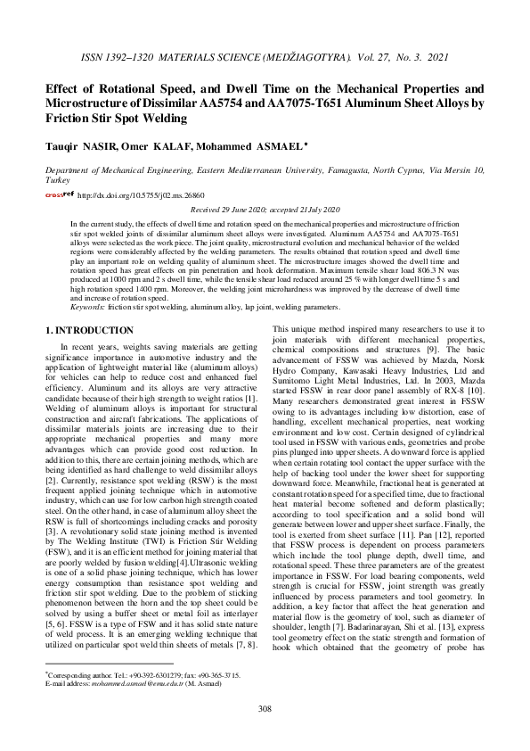 (PDF) Effect of Rotational Speed, and Dwell Time on the Mechanical ...
