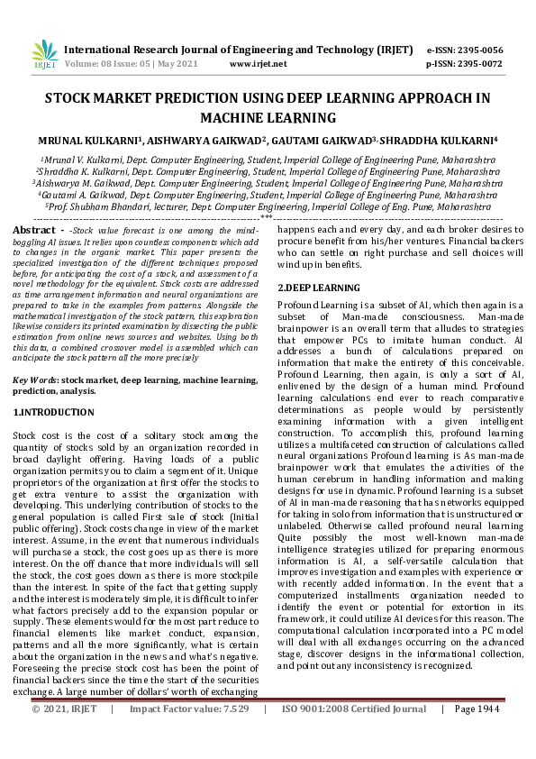(PDF) IRJET- STOCK MARKET PREDICTION USING DEEP LEARNING APPROACH IN ...
