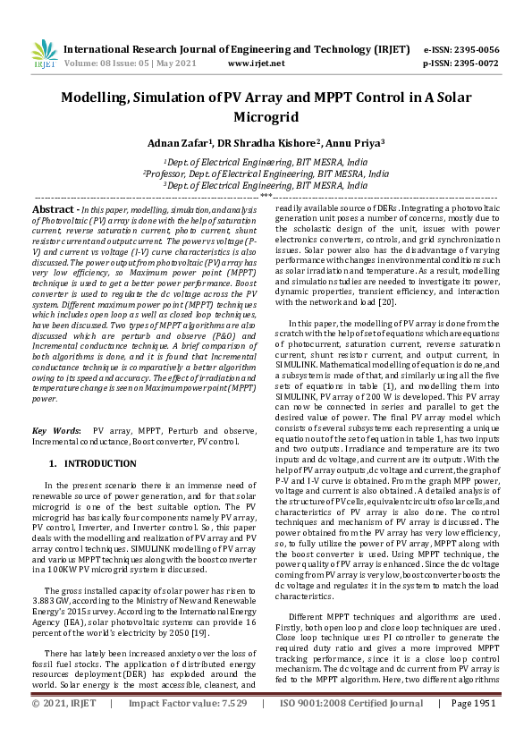 Pdf Irjet Modelling Simulation Of Pv Array And Mppt Control In A