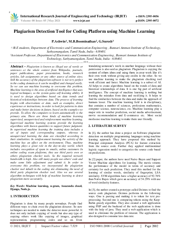 (PDF) Plagiarism Detection Tool for Coding Platform using Machine Learning | IRJET Journal ...
