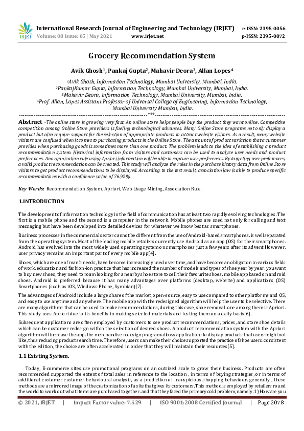 (PDF) IRJET- Grocery Recommendation System
