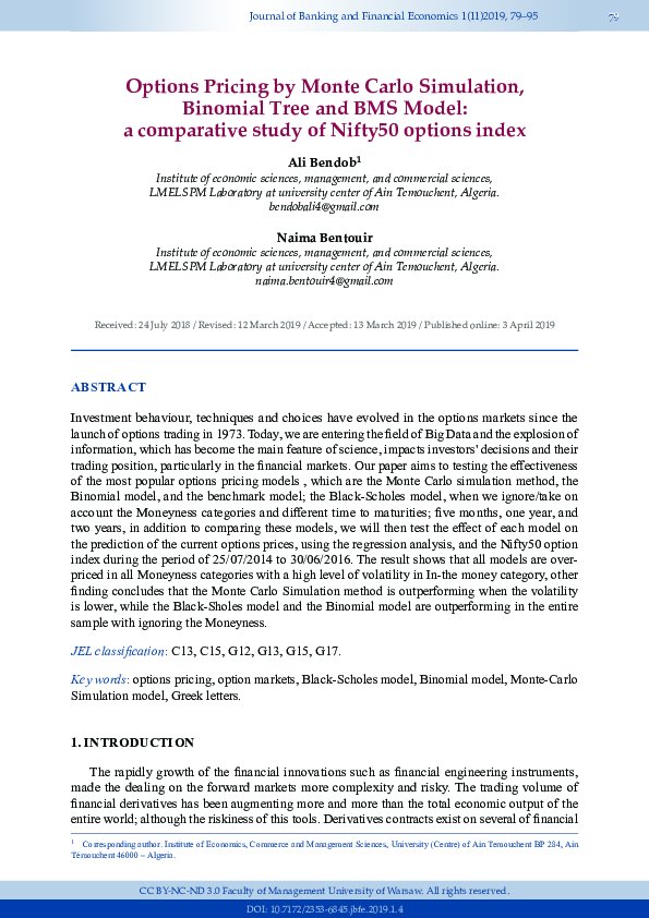 Pdf Options Pricing By Monte Carlo Simulation Binomial Tree And Bms Model A Comparative