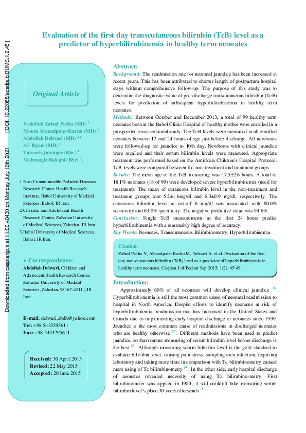 (PDF) Evaluation of the first day transcutaneous bilirubin (TcB) level ...