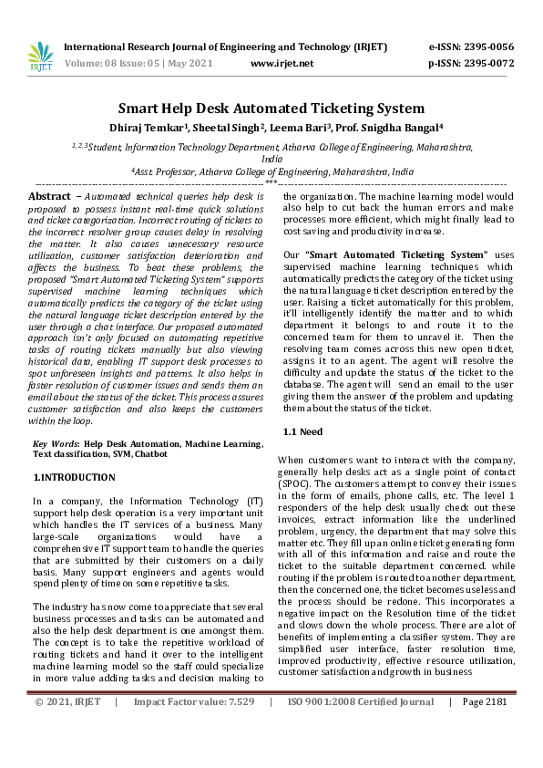 (PDF) IRJET- Smart Help Desk Automated Ticketing System