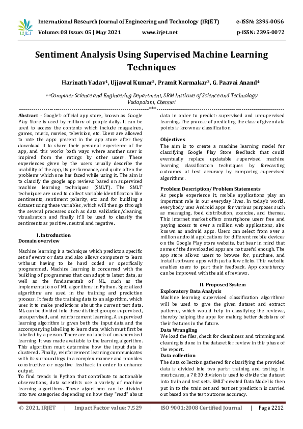 (PDF) IRJET- Sentiment Analysis Using Supervised Machine Learning ... (PDF) IRJET- Sentiment Analysis Using Supervised Machine Learning ...