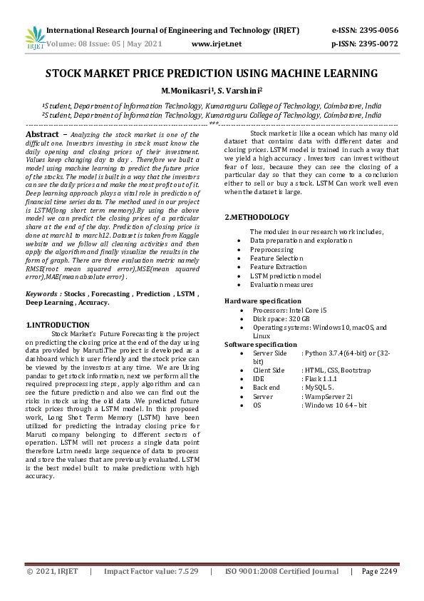 Pdf Irjet Stock Market Price Prediction Using Machine Learning
